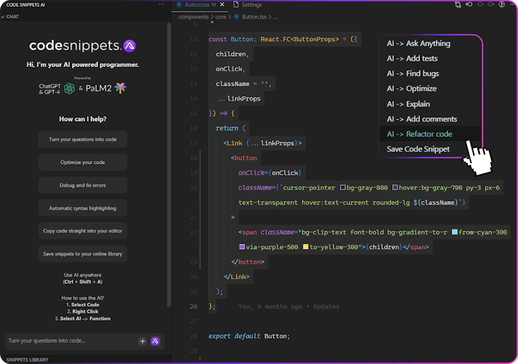 Code Snippets AI - Chat with the latest AI models in VSCode! Code Snippets AI - Chat with the latest AI models in VSCode!