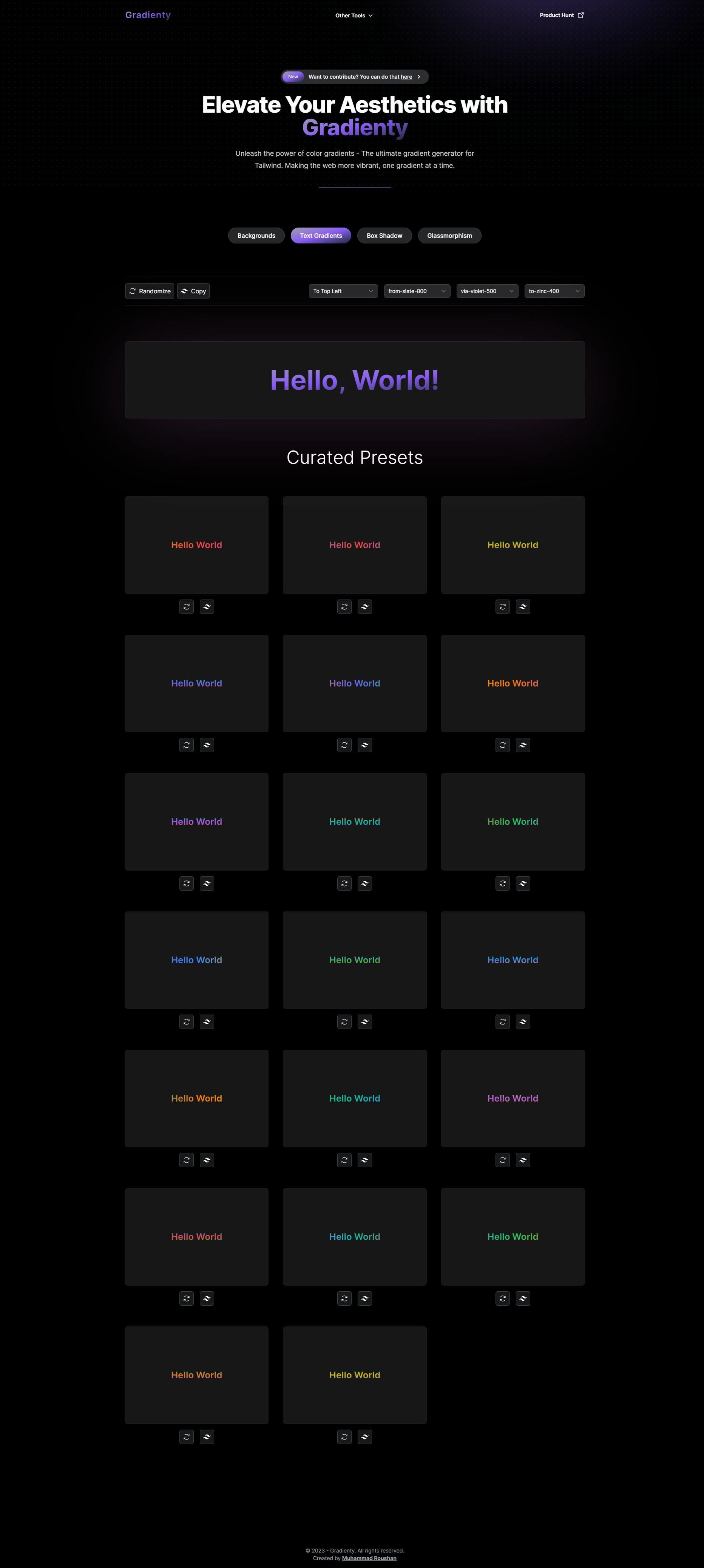 Gradienty - A Tailwind Background / Text / Box Shadow Gradient Generator