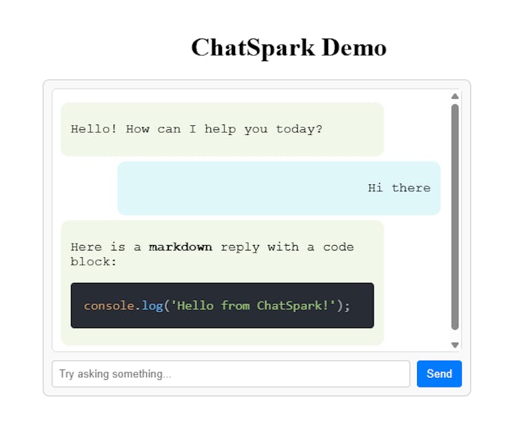 ChatSpark UI - React component for AI chat UIs with markdown, code blocks, and streaming