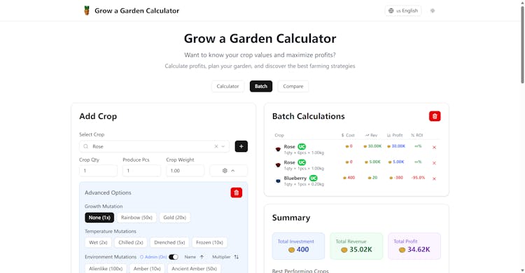 Grow a Garden Calculator - Calculate crop values, maximize yields & earnings