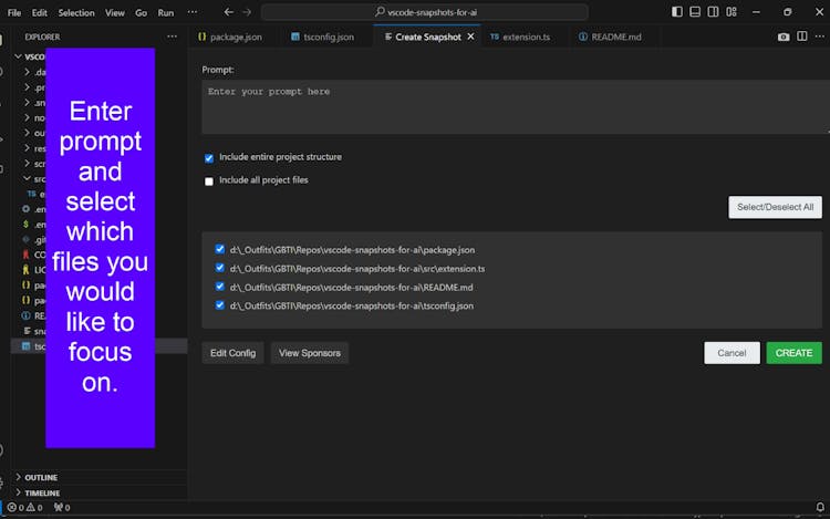 Snapshots for AI (VSCode Extension) - Create full markdown file snapshots of your entire project ...