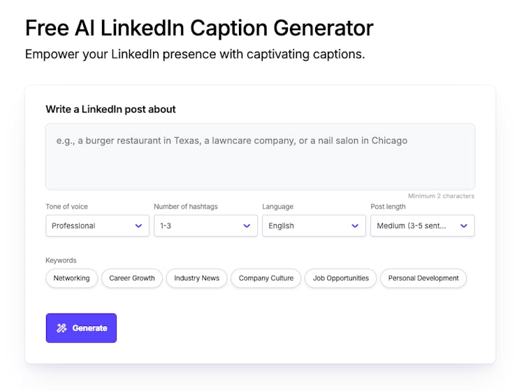 Free AI LinkedIn Caption Generator - Empower your LinkedIn presence ...